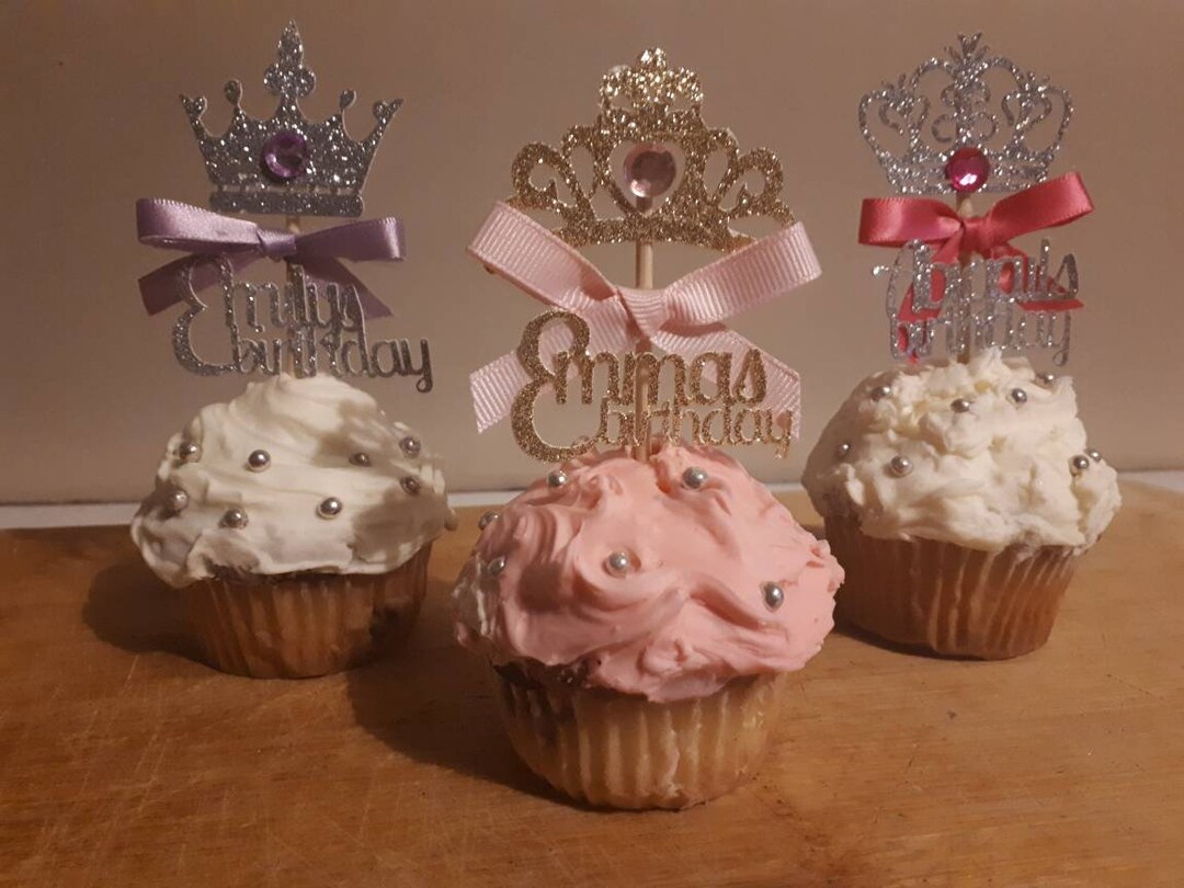Personalized Bejeweled Crown Cupcake Toppers, Silver or Gold With ...