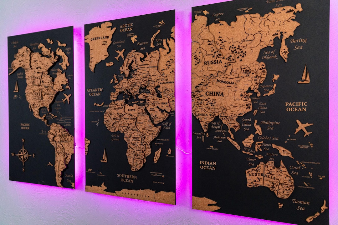 3d World Map Wall Art, Wooden World Map Push Pin, Pin Board Apartment ...