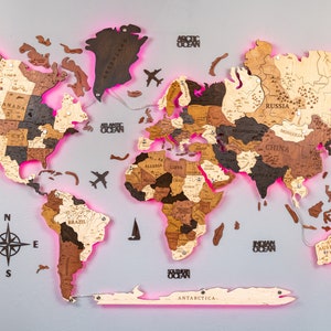 Led World Map, Wood World Map, Modern Home Decor, Led Wall Art, Led ...
