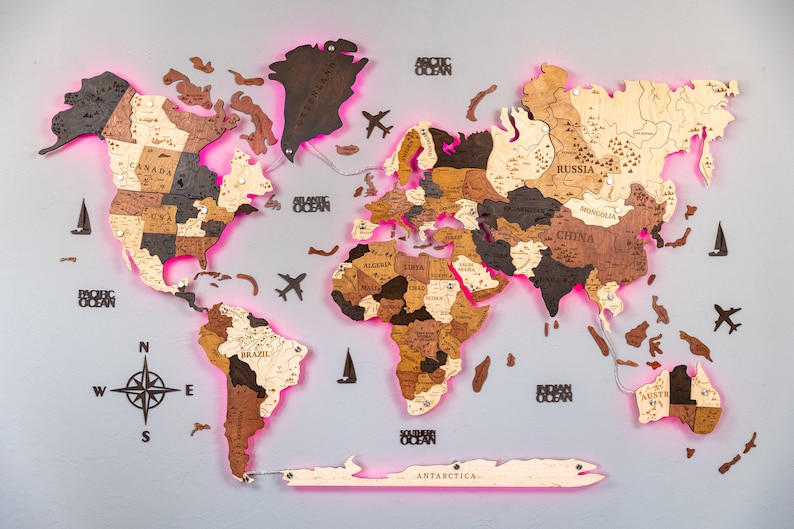 Led World Map Wood World Map Modern Home Decor Led Wall - Etsy