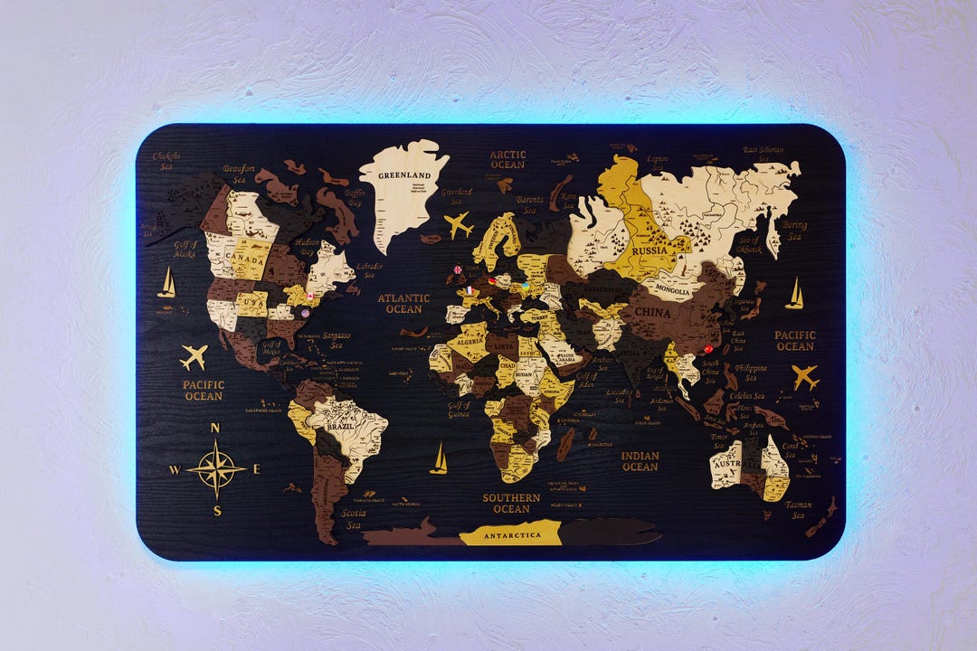 World Map, 3 Piece World Map, Christmas Gift, Wood Wall Map, Above Bed ...