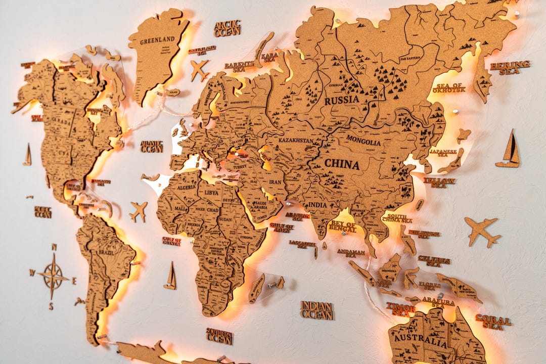 Mapa del mundo de corcho de madera / Mapa de viaje con chinchetas ...