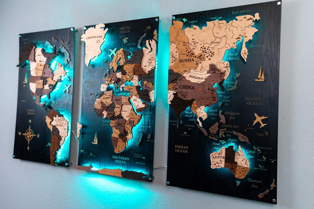 Levitating LED Wooden World Map: Push Pin Travel Decor - Etsy