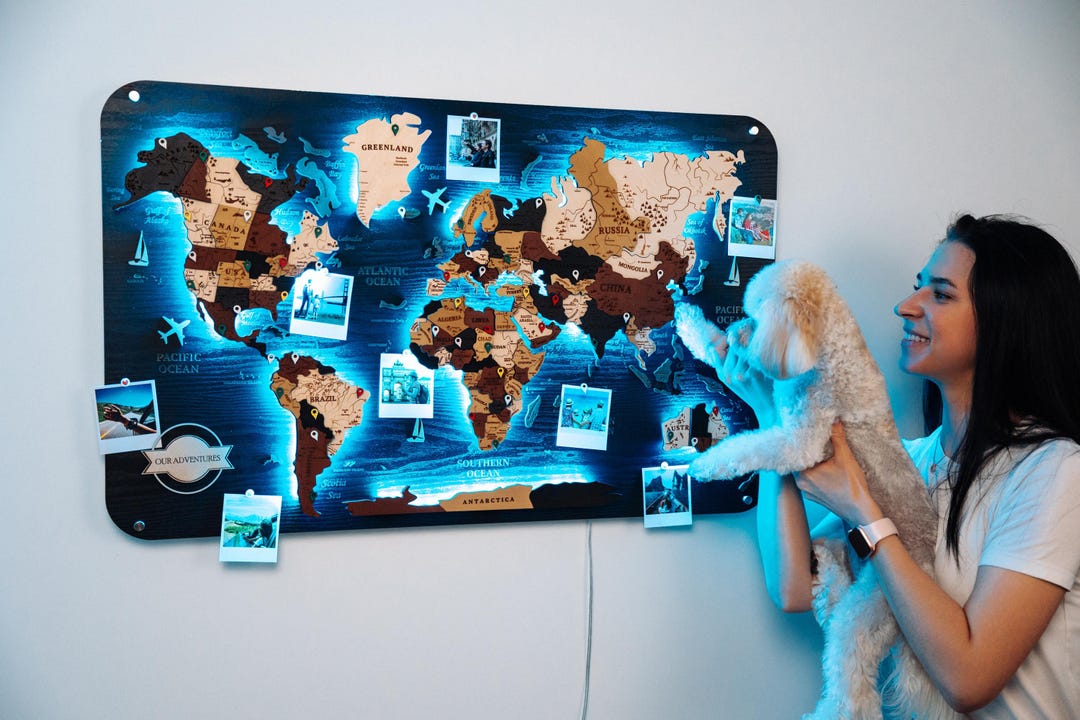 Handmade Levitation World Wooden Map, Push Pin Travel Maps, Above Bed ...