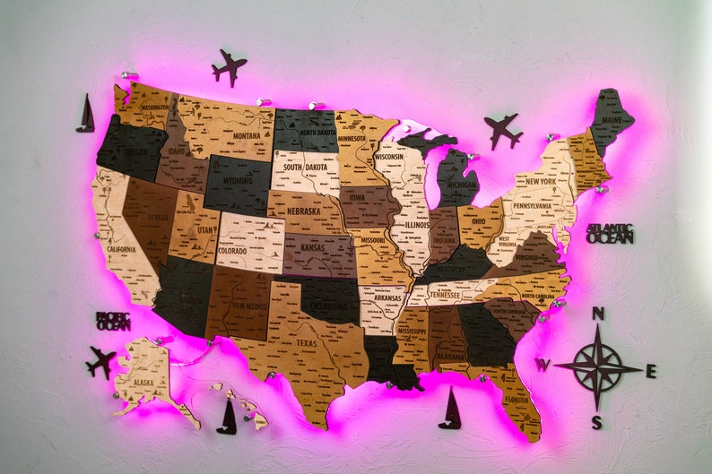 Push Pin USA Wooden Travel Map: LED Backlit Wall Decor - Etsy