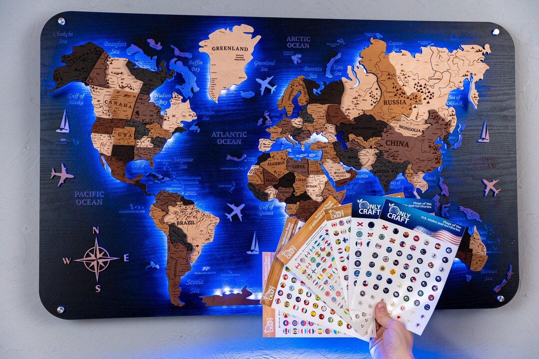 World Wooden Maps, 5th Anniversary Gift, Push Pun World Map, Travel Map ...