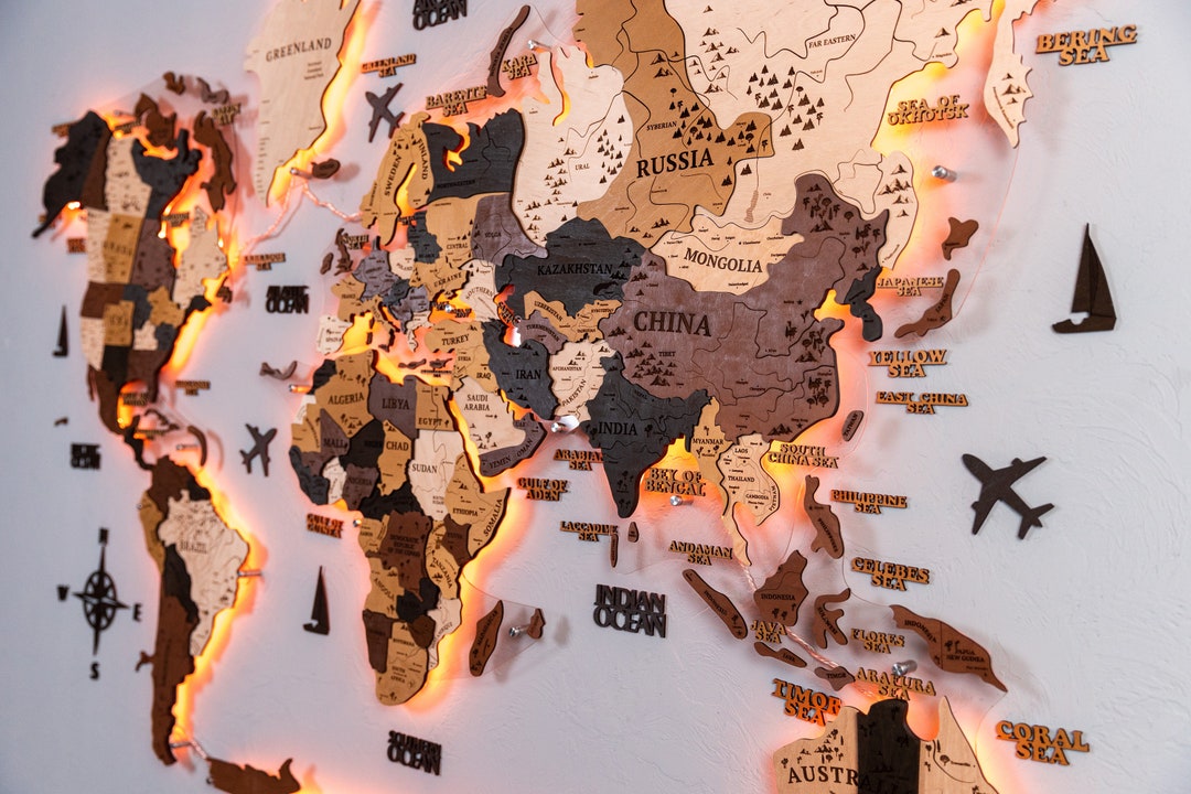 3D Wooden World Map LED Wall Art, Home Wall Decor, Wooden Map of the ...