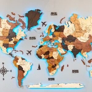 Led World Map Wood World Map Modern Home Decor Led Wall - Etsy