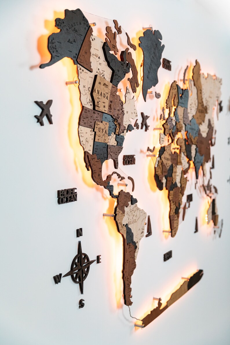 3D Wooden World Map Led - Etsy