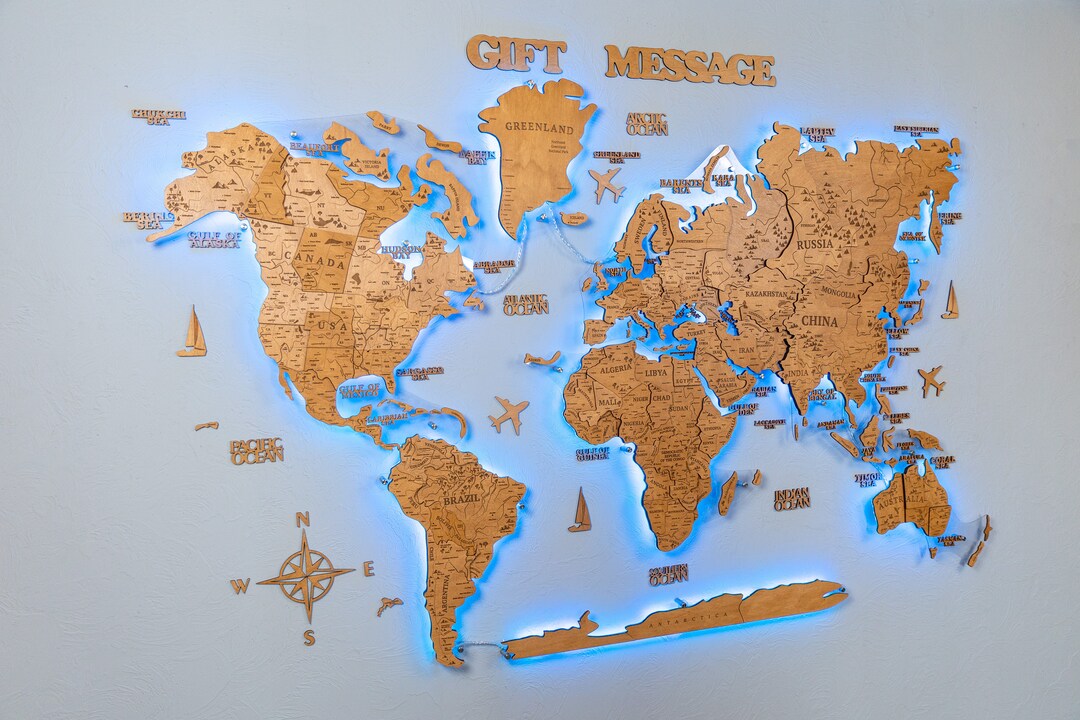 Wooden World Map Led, 3D Wooden Map Backlight, Push Pin Map, World Map Wall Art, Travel Map ...