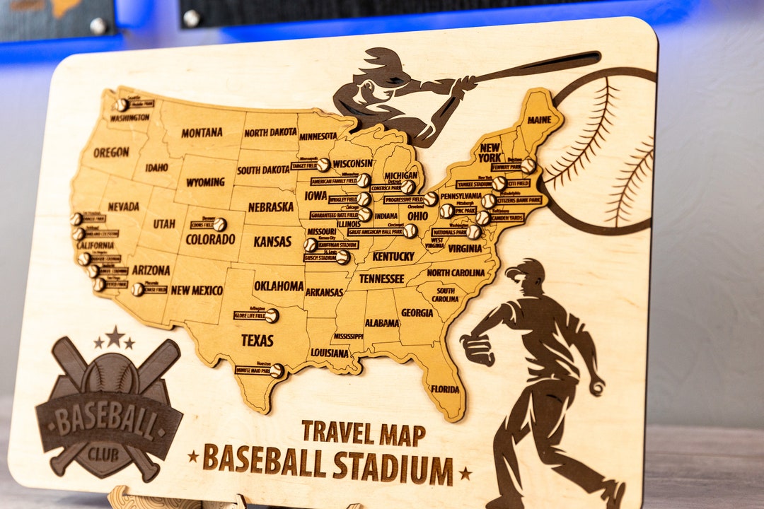 US Baseball Fan Map, Sports Travel Map, Wooden Baseball Stadium Tracker ...