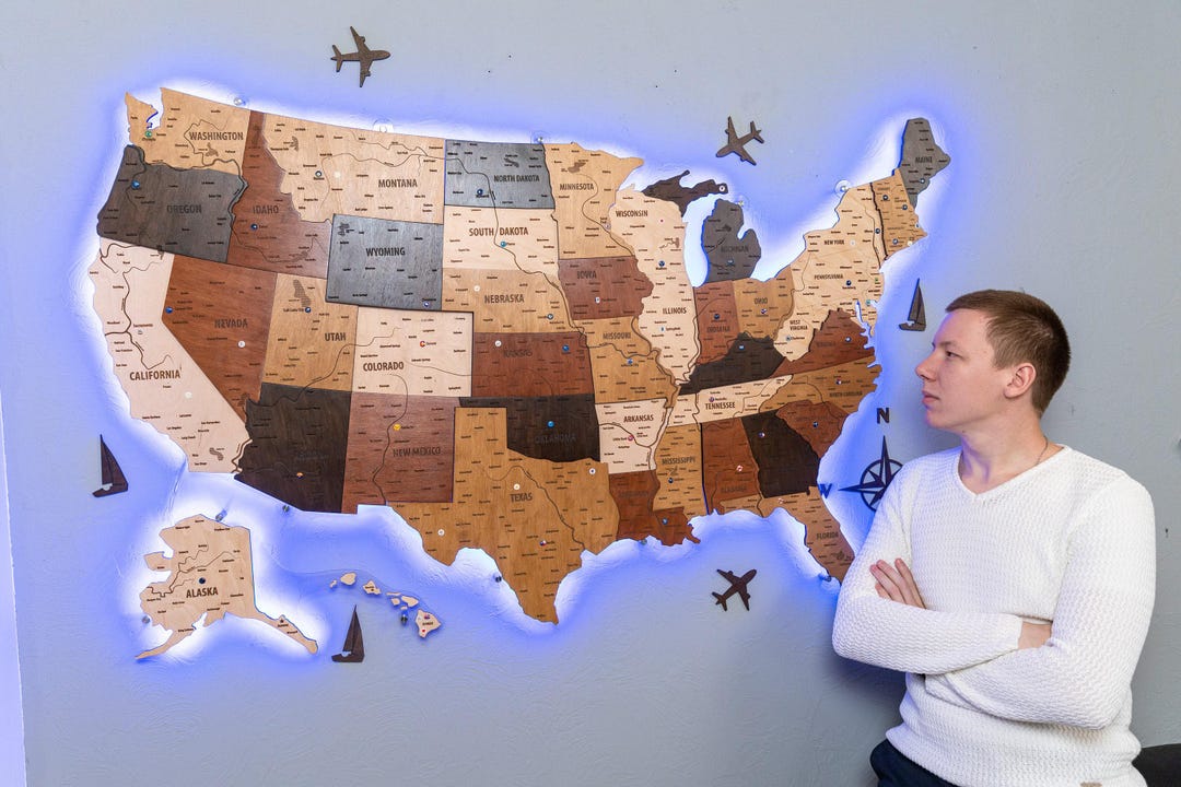 Push Pin Wood Travel Maps, Wooden USA Map, Wooden United States Wall ...