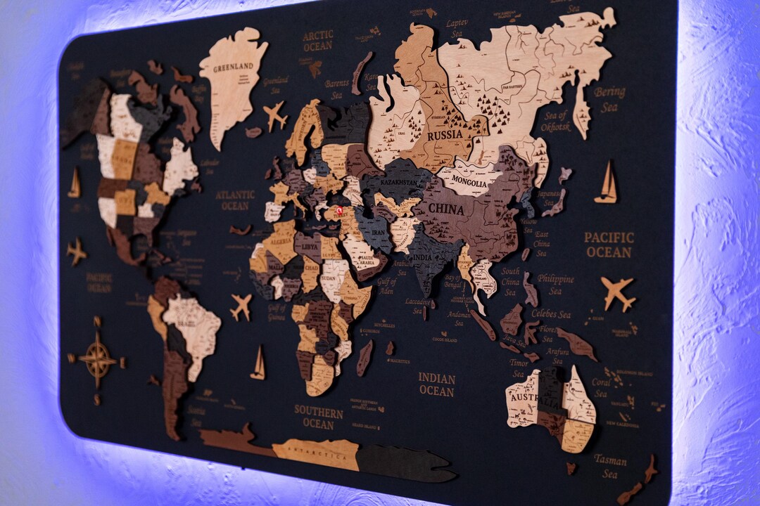3D Wooden World Map With LED Backlighting: Multilayer Wall Art - Etsy