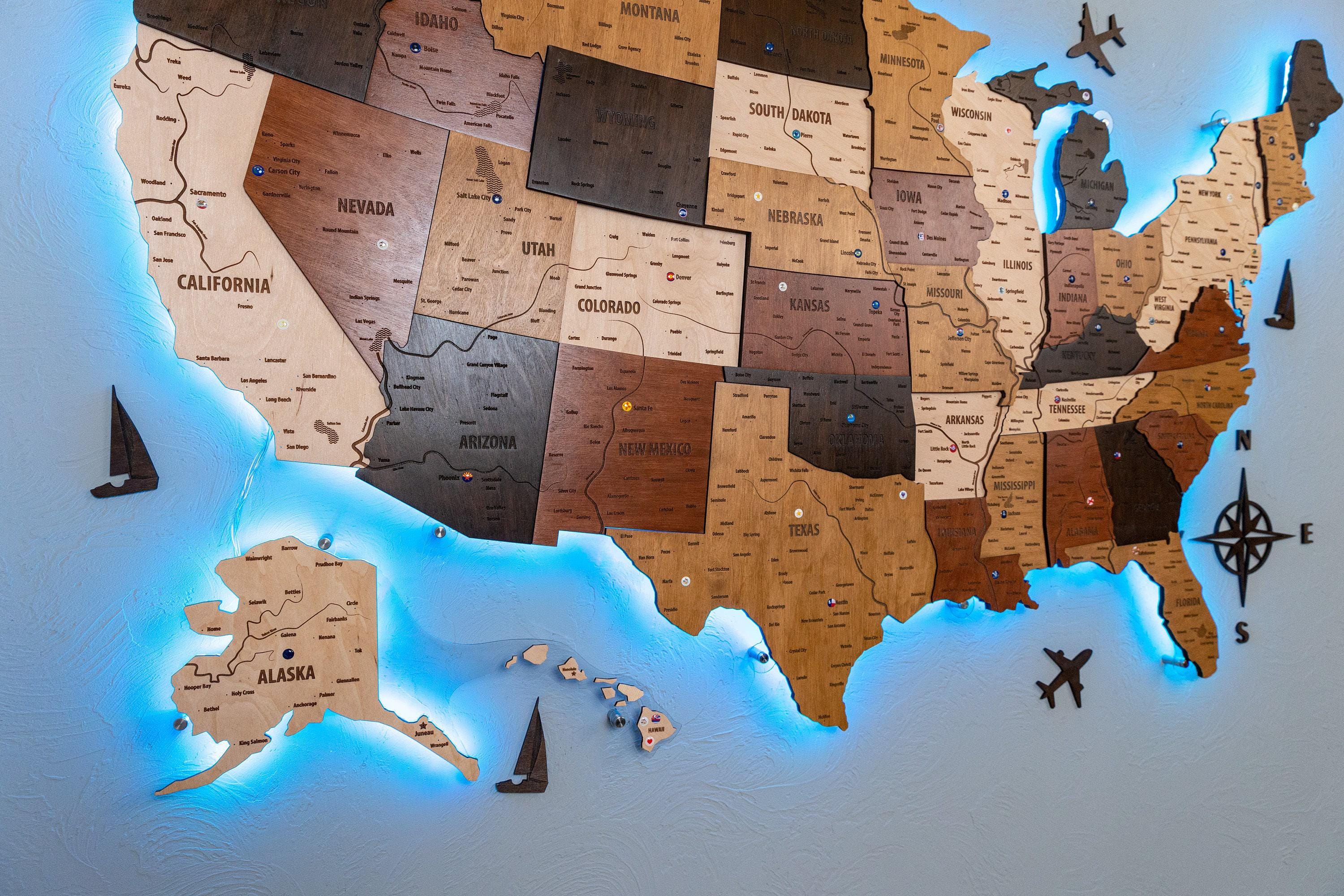 Wooden USA Travel Map: Push Pin Board With LED Backlight - Etsy