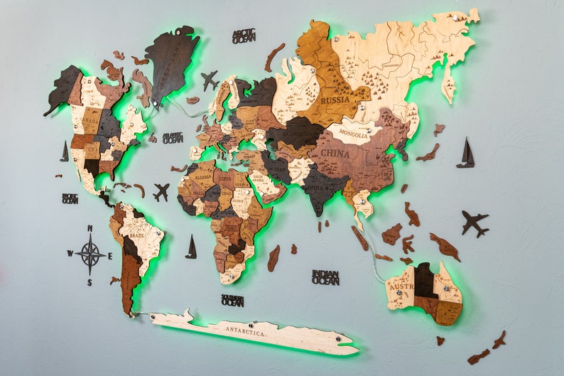 Wooden Map Led Wall Art RGB LED 3D Wooden World Map 3D LED - Etsy