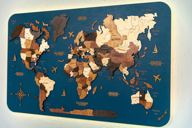 World Map Push Pin World Map Wall Art Wooden Travel Map Led - Etsy