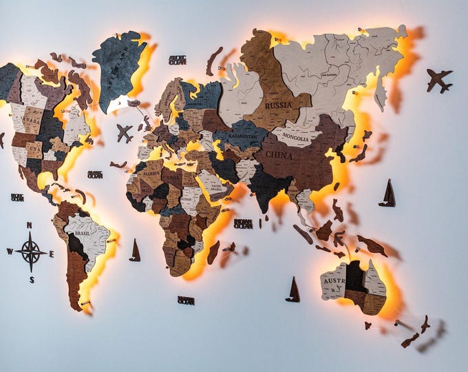3D Wooden World Map With LED Backlight, Push Pin Traveling Map Tracker ...