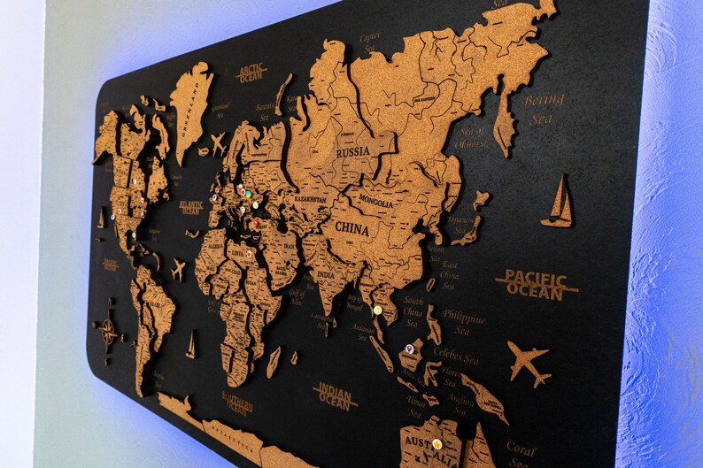 World Map Led Push Pin Wall Art Cork World Map Board Wooden - Etsy
