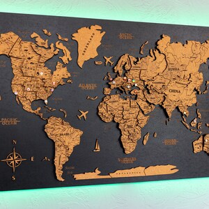 World Map Led Push Pin, World Map Wall Art, Wooden Travel Map, Cork ...