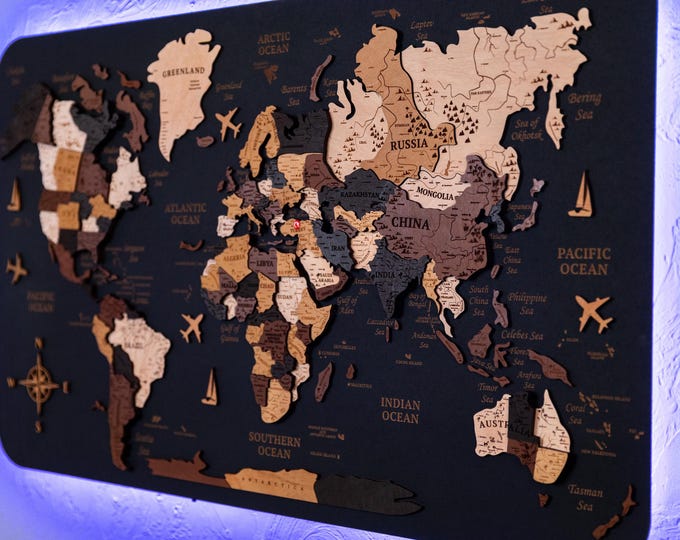 3D World Map With Leds, Wooden Wall Map of the World, 3D Natural Wood ...