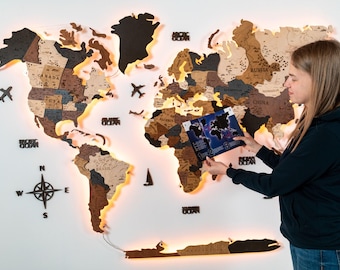 Led World Map - Home Design - Home Deco Led - Wooden Map Led - Handmade - Perfect Gift - Etsy