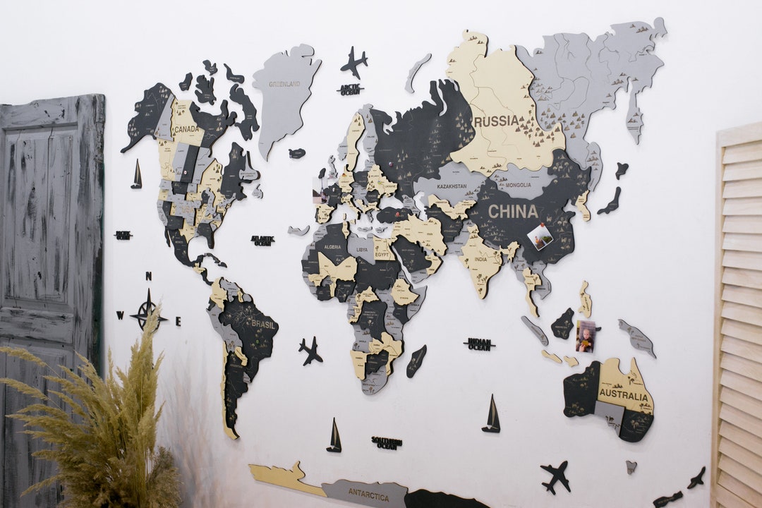 Wood World Decor Map on the Wall With Pins Flags, Travel Dreams - Etsy