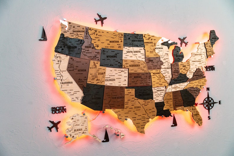 Push Pin USA Wooden Travel Map: LED Backlit Wall Decor - Etsy