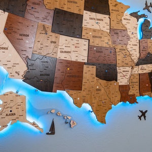 US Travel Map, USA Wooden Led Map, Push Pin Map, Wood Map of United ...