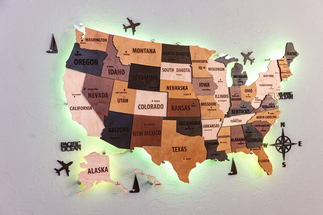 Travel USA Map Wooden US Map Wooden Map Backlight Above Bed - Etsy