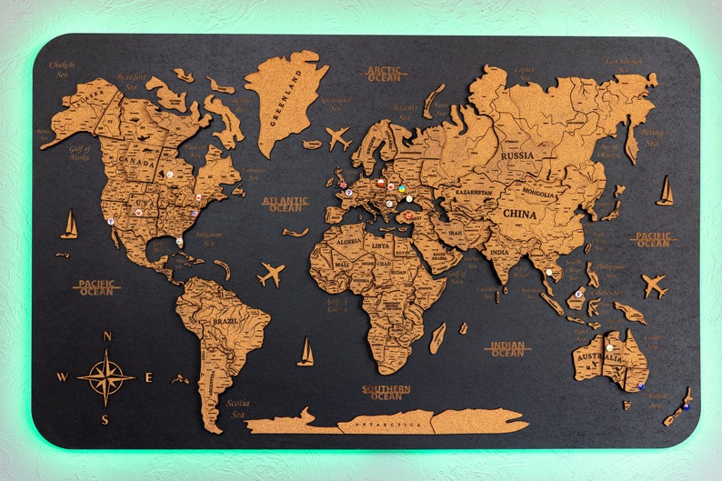 World Map Led Push Pin World Map Wall Art Wooden Travel Map - Etsy