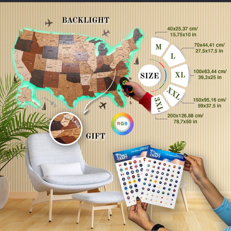 Wooden USA Travel Map: Push Pin Board With LED Backlight - Etsy