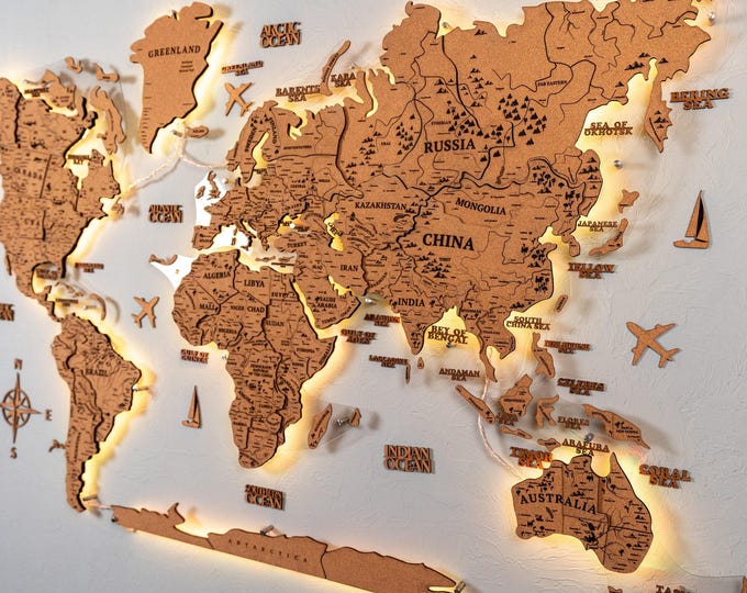 3D Wooden World Map With LED Backlighting, Wall Decor - Etsy Canada