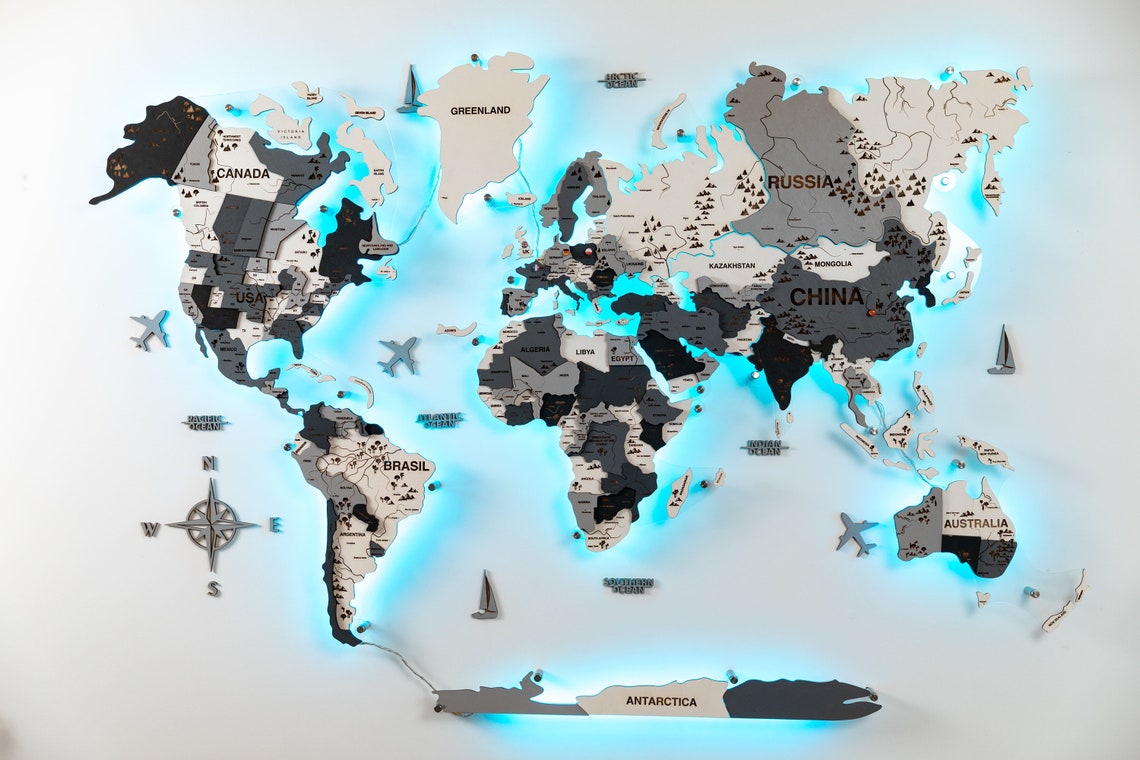 3D Wooden World Map Led Wall Art Living Room Wall Decor Home - Etsy