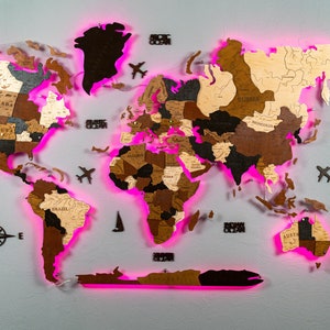 Led World Map, Wood World Map, Modern Home Decor, Led Wall Art, Led ...