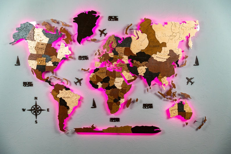 Led World Map Wood World Map Modern Home Decor Led Wall - Etsy