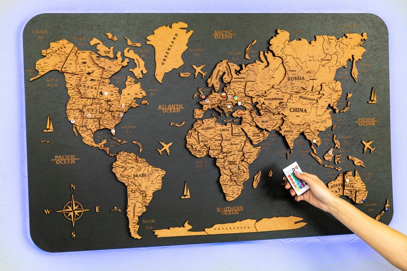 3d World Map Led Cork World Map Wall Art Wooden World Map - Etsy Australia