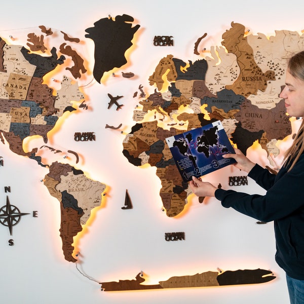 3d Led Wooden World Map - Etsy