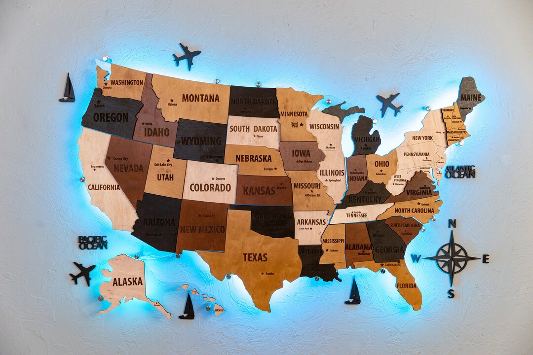 Wooden USA Map: Push Pin Travel Wall Art With LED Backlight - Etsy