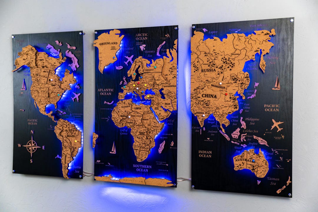 Cork World Map Board, Wooden World Map Travel Map, Push Pin Adventure ...