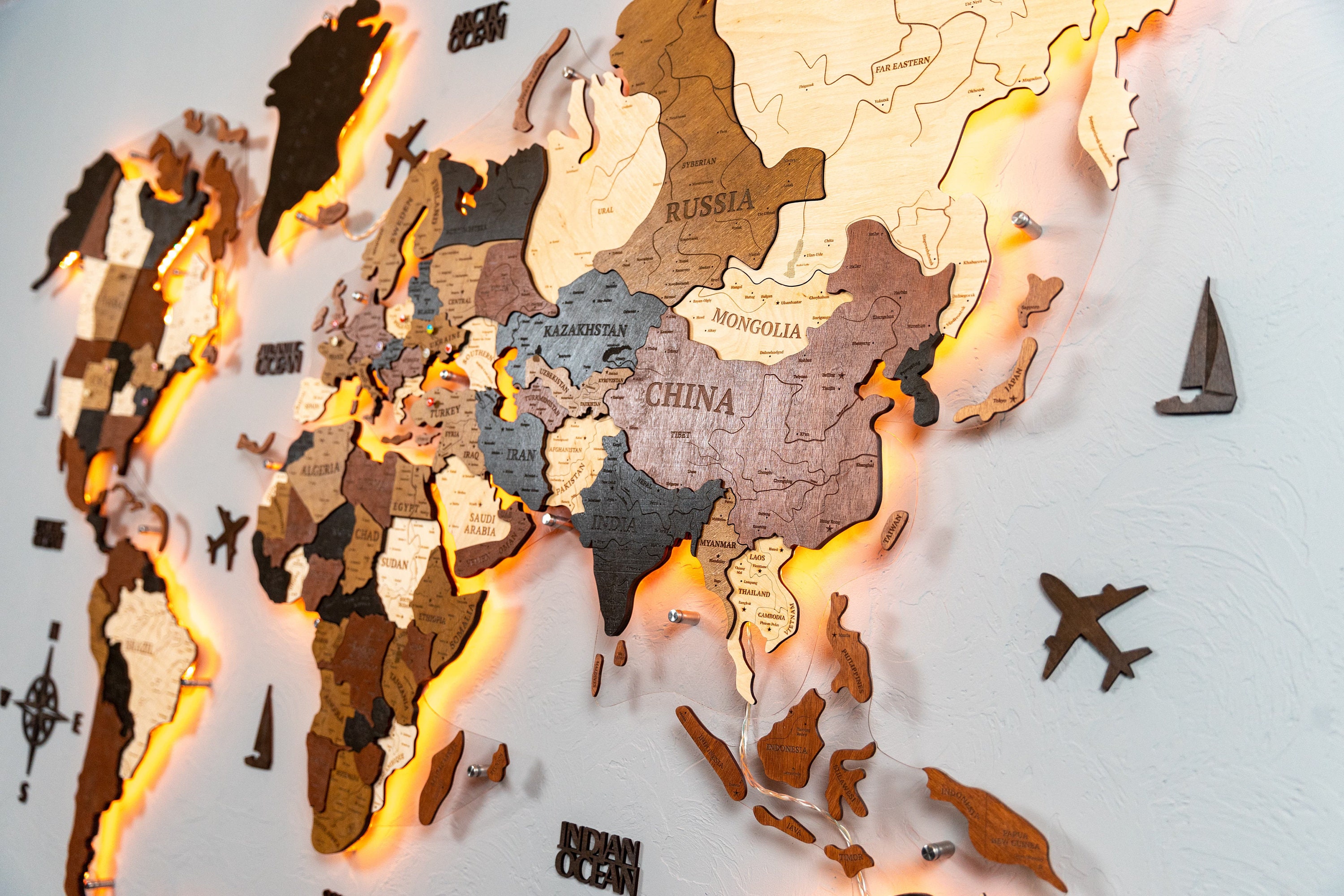 Wood world map weltkarte holz wooden map backlighting 3d - Etsy España