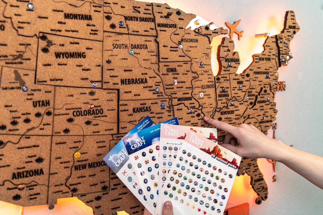 National Parks Map, Led Lights Map, Travel Gift USA, Wooden Cork Wall ...