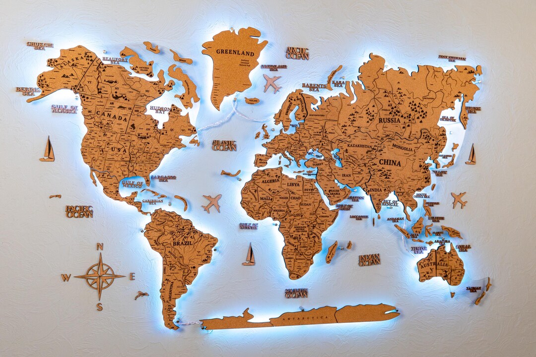 Cork World Map: Wood Push Pin Travel Map, LED Backlit Option - Etsy UK