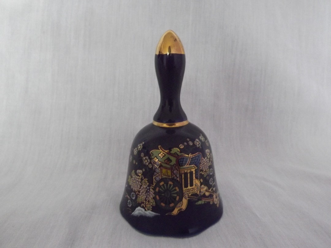 Vintage Cobalt Blue & Gold Porcelain Bell W/rickshaw and Flowers Made ...