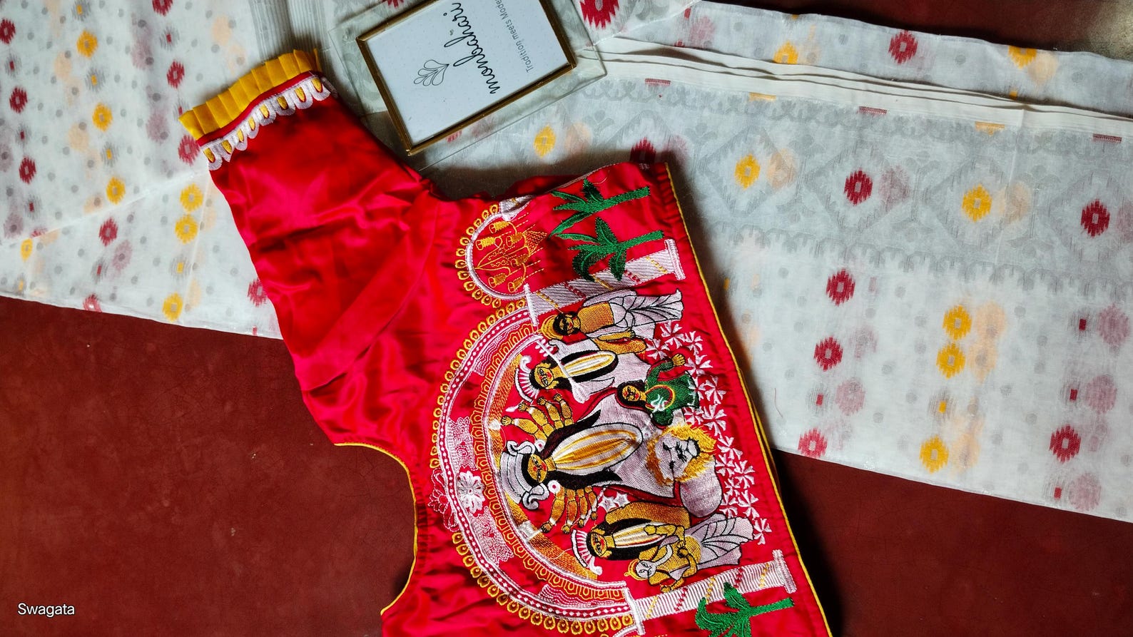 Durga Saree Blouse/dhakai Jamdani Saree in White With Red Durga Blouse ...