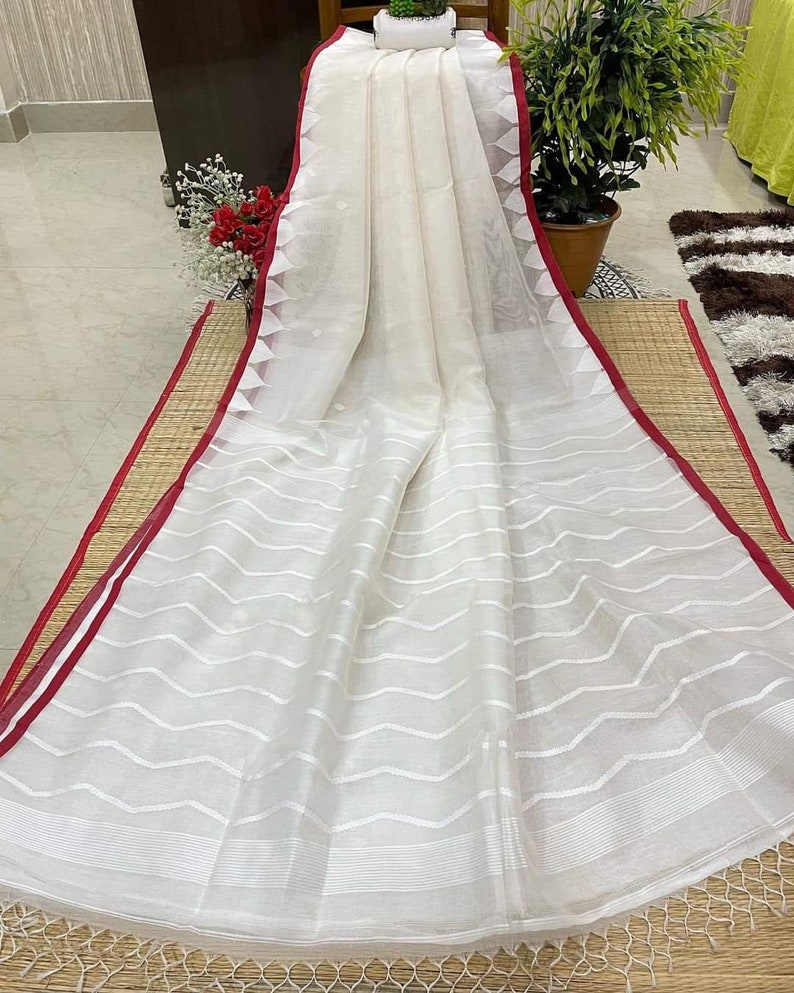 Pure White Muslin Jamdani Saree With Thin Red Border/handmade Bengali ...