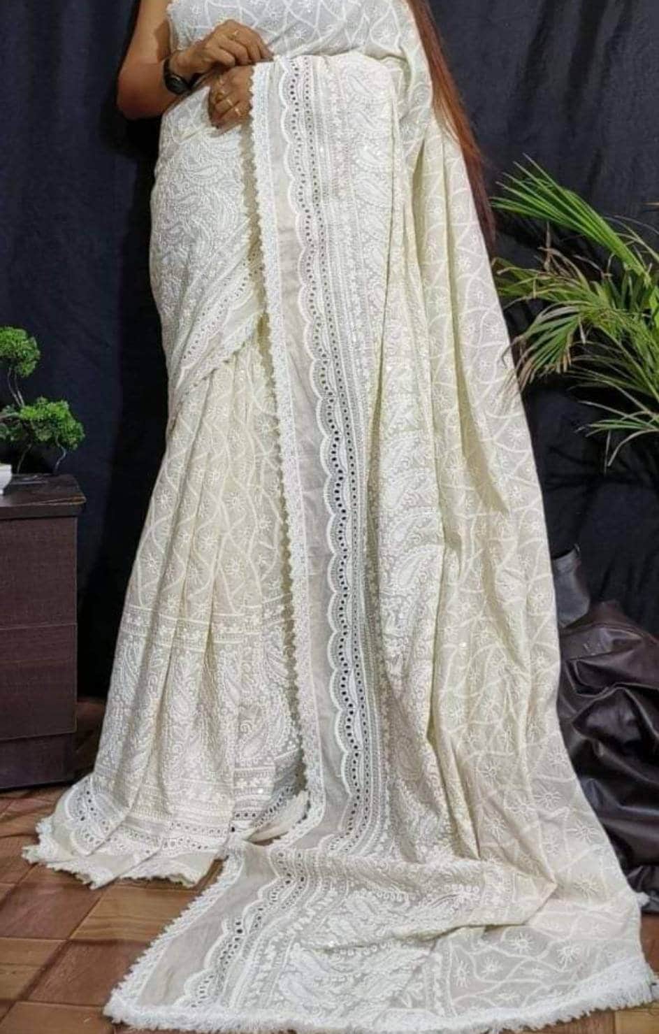 Khadi Cotton Chikankari Saree/ Pure White Chikankari Embrodery in Soft ...