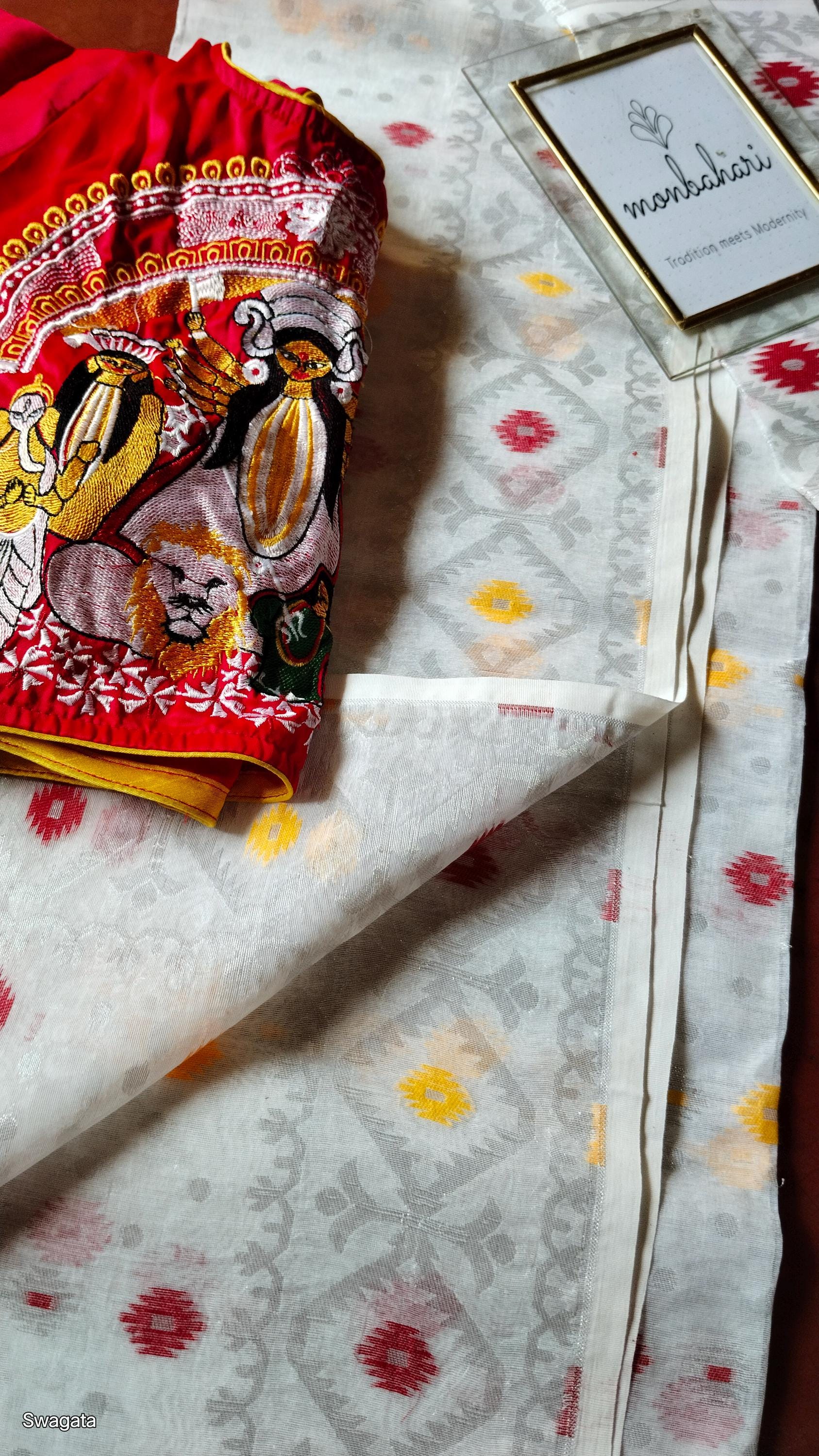 Durga Saree Blouse/dhakai Jamdani Saree in White With Red Durga Blouse ...