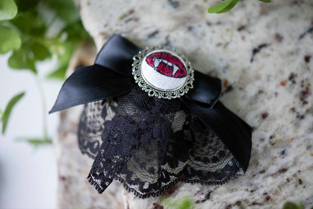 Vampire Bow Brooch With Lace Hand Embroidered - Etsy