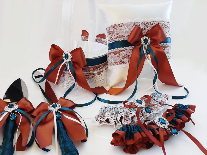 Rust and Teal Wedding Set Flower Girl Basket and Ring Bearer - Etsy