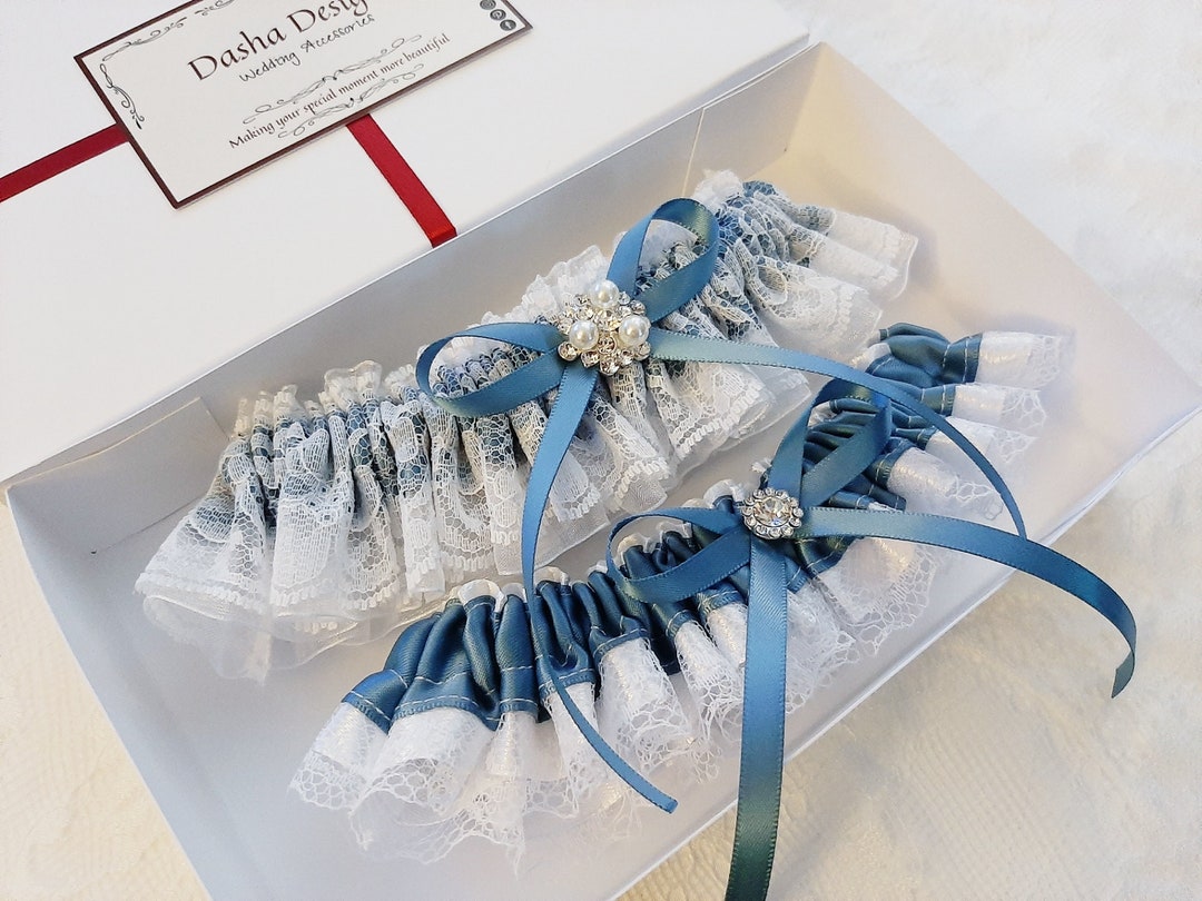 Dusty Blue Wedding Garter Set, Lace Bridal Garter Set, Blue Garter Set ...